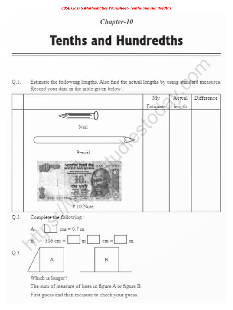 Class 5 Mathematics Math-Magic Chapter 10 Tenths and Hundredths | PDF