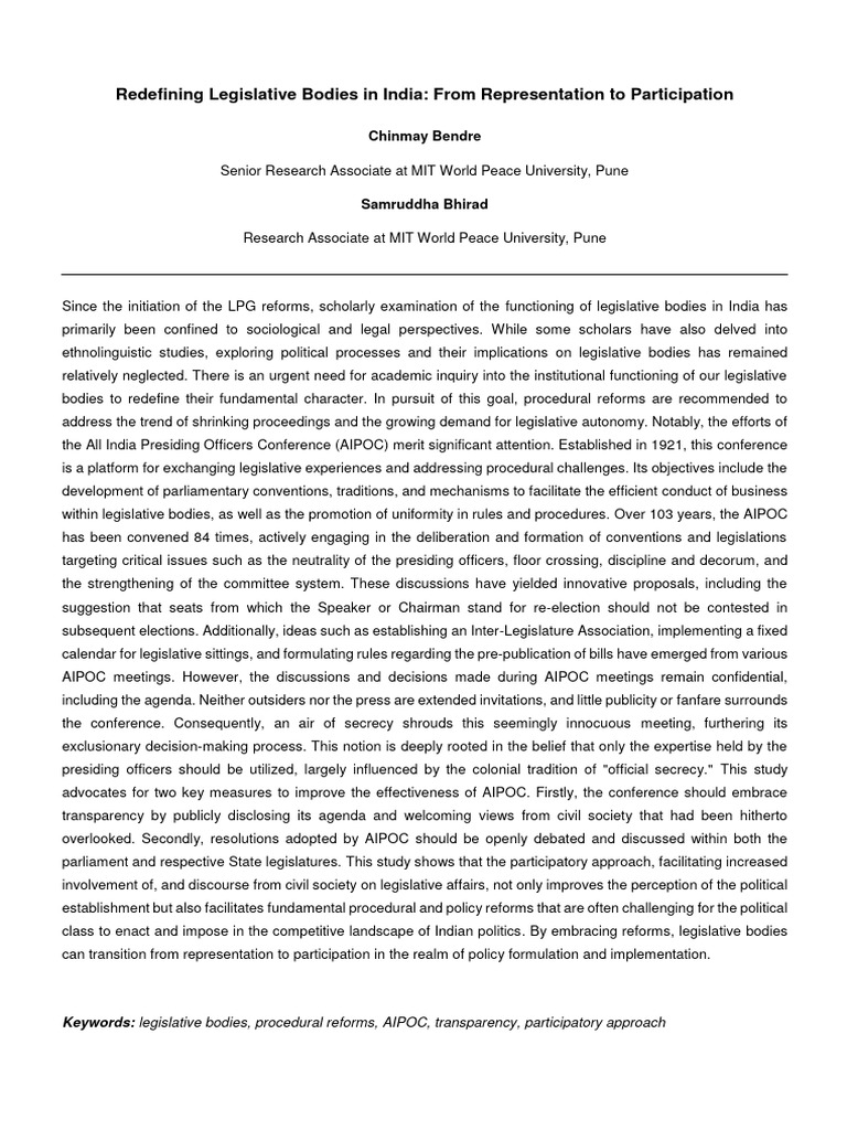 Redefining Legislative Bodies in India - From Representation To ...