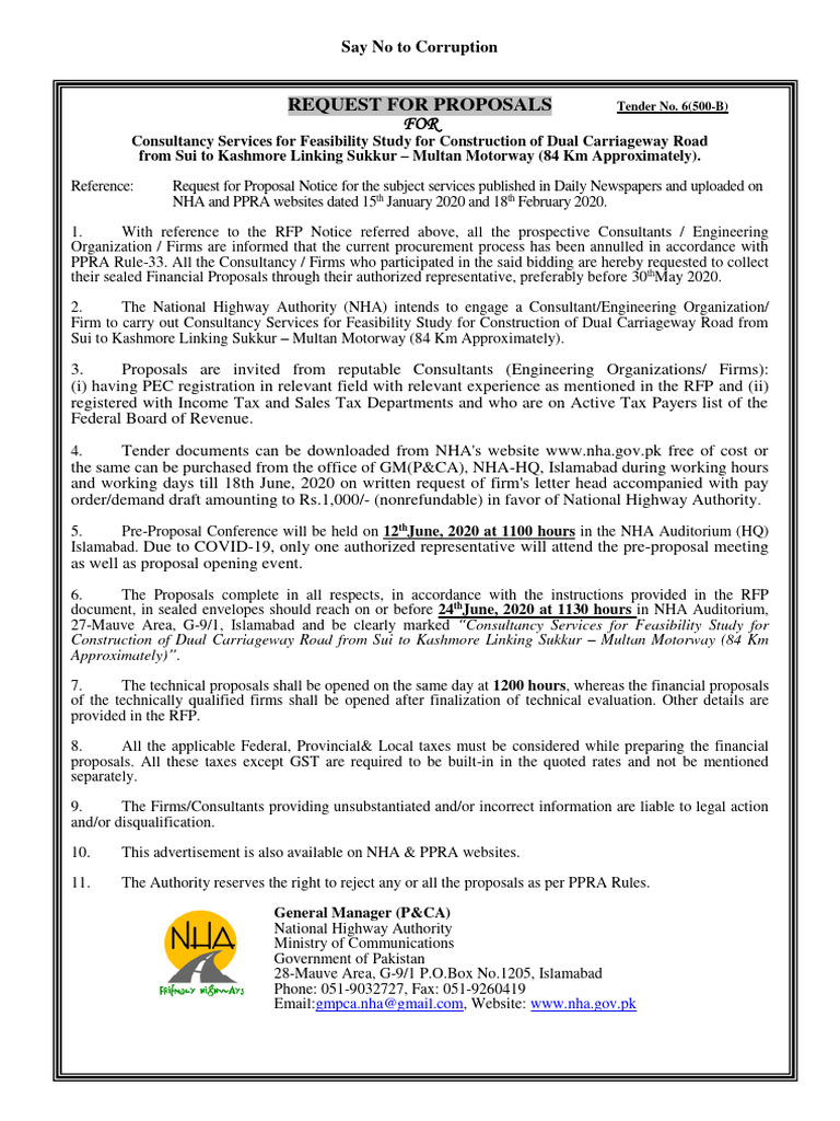 RFP For Consultancy Services For Feasibility Study For Construction of Dual Carriageway Road ...