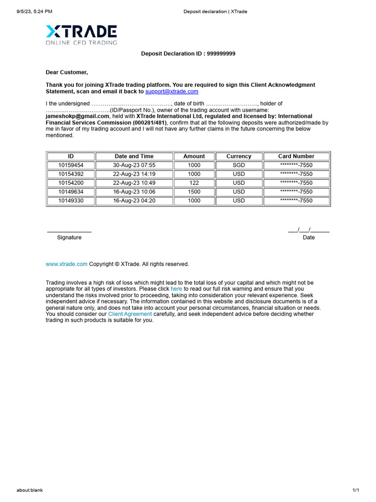 Deposit Declaration - XTrade | PDF | United States Dollar