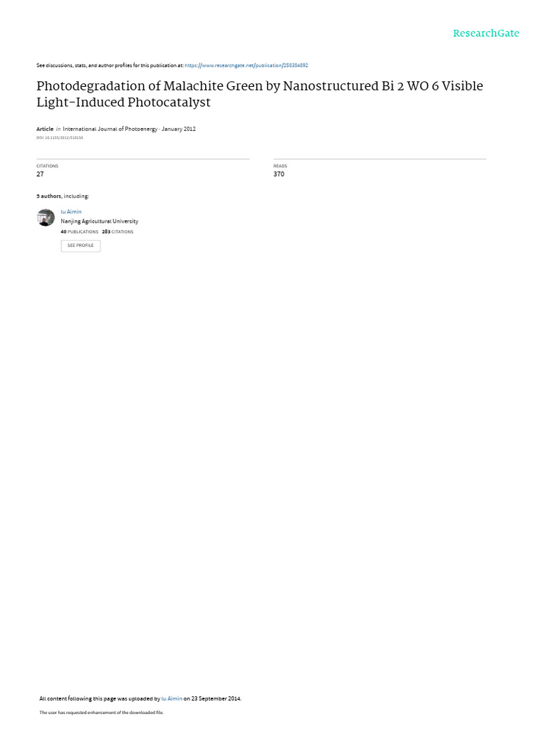 Photodegradation of Malachite Green by Nanostructured Bi 2 WO 6 Visible ...