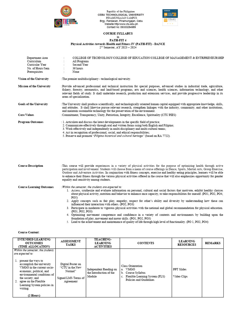 PATH FIT 4 Dance Syllabus 2023 2024 | PDF | Learning | Dances