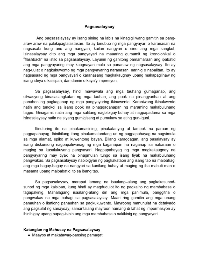 Pagsasalaysay: Katangian NG Mahusay Na Pagsasalaysay | PDF