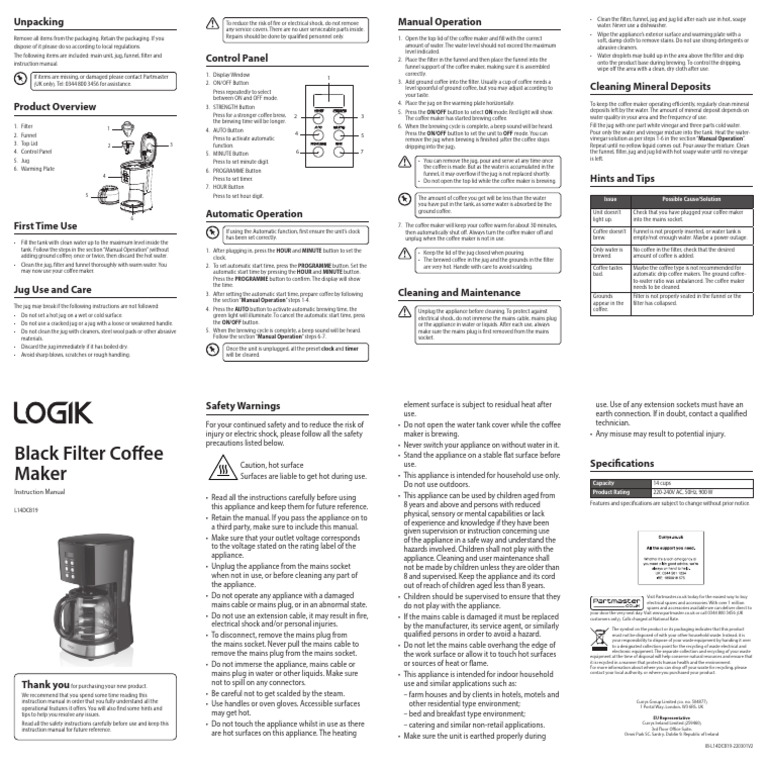 LOGIK Black Filter Coffee Maker L14DCB19 Manual | PDF | Electrical Connector | Ac Power Plugs ...