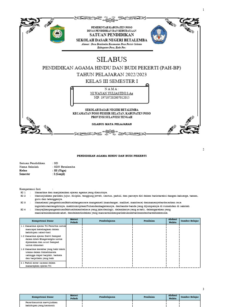 Silabus Kelas 3 SMTR 1 + Cover | PDF