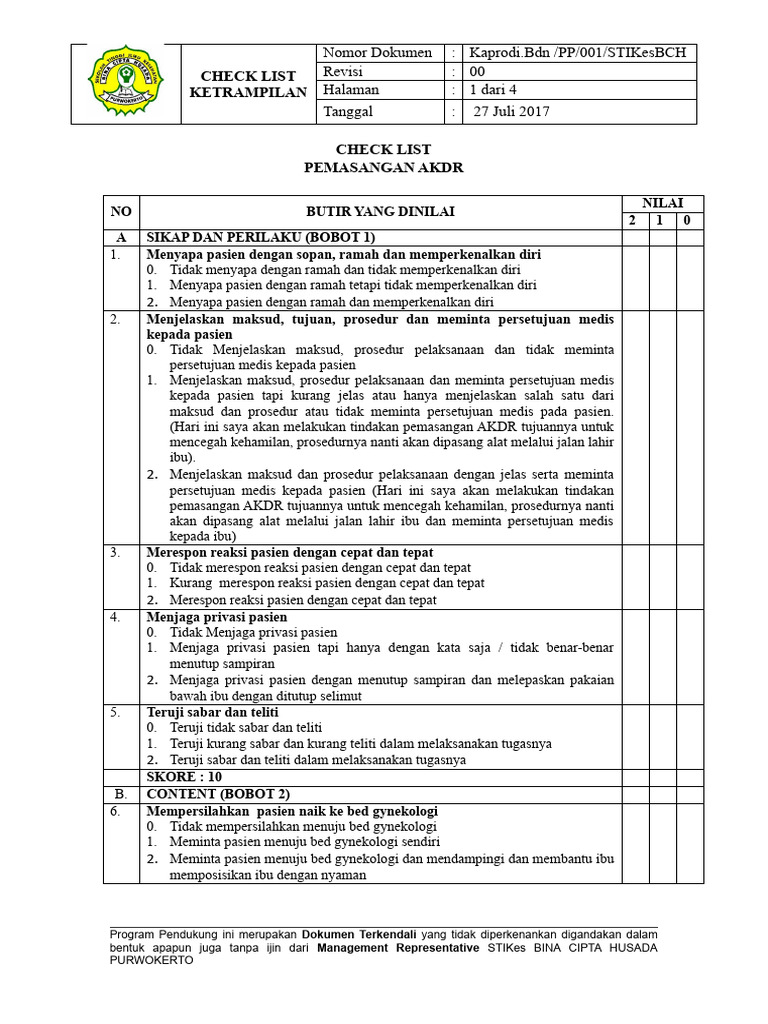 Checklist Pemasangan IUD AKDR | PDF