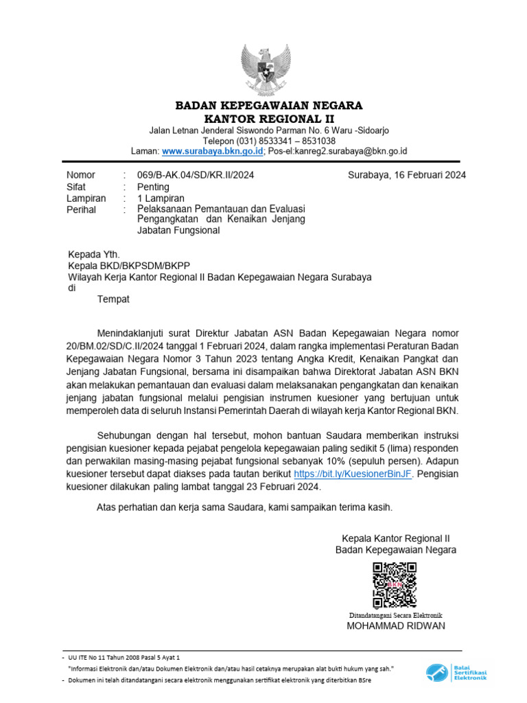 069 Surat Pemantauan Dan Evaluasi Pengangkatan Dan KJ-JF (1) DS | PDF