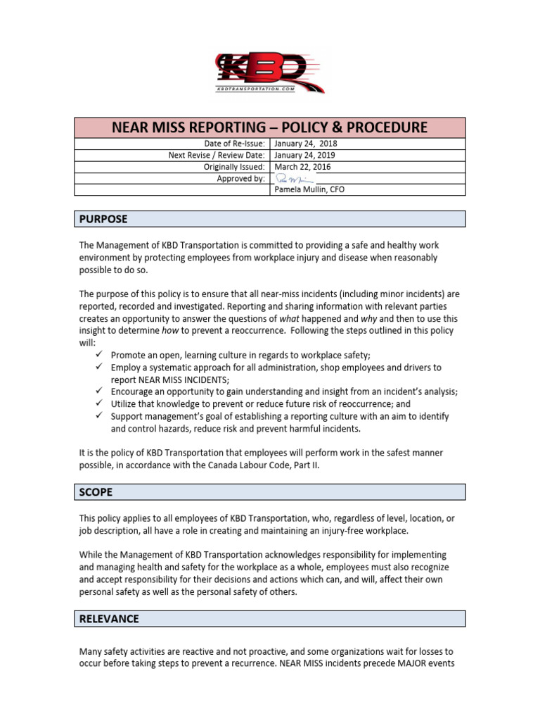 Policy Procedure - Near Miss Reporting | PDF | Occupational Safety And ...