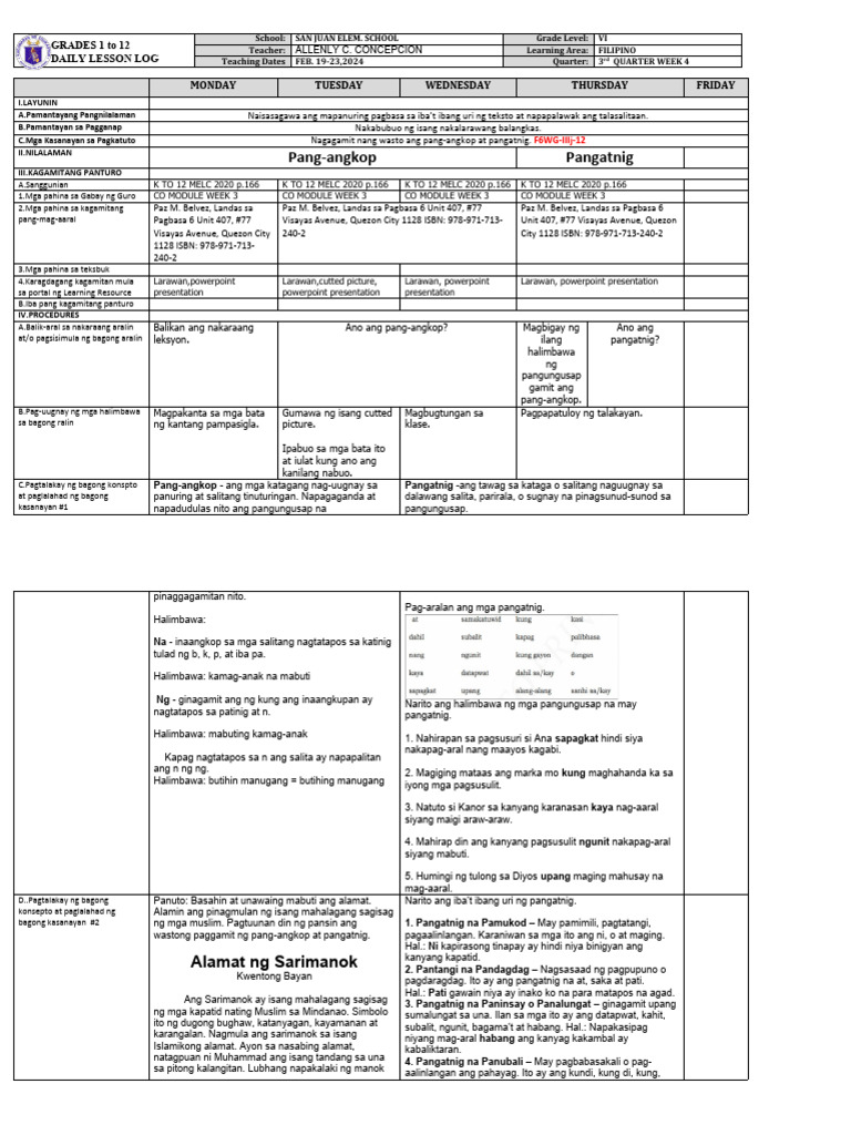 DLL - Filipino 6 - Q3 - W4 | PDF