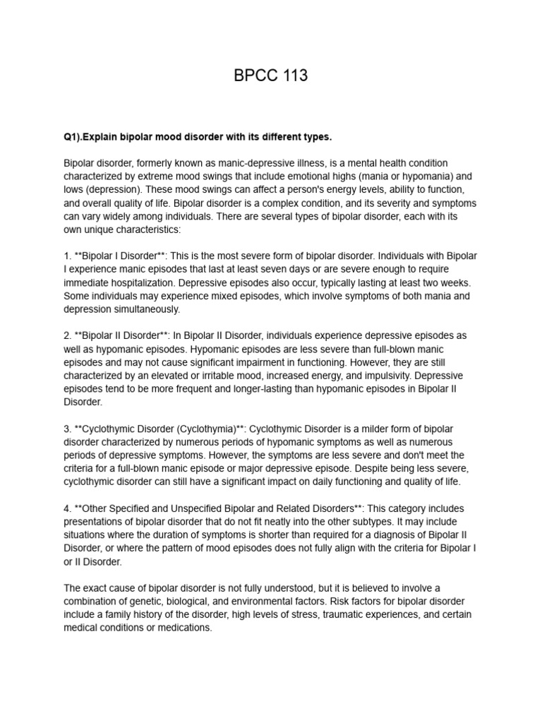 BPCC 113 | PDF | Bipolar Disorder | Mania