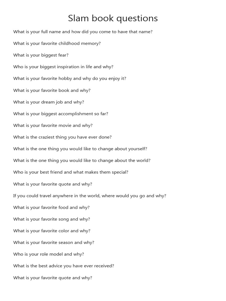 Slam Book Questions | PDF