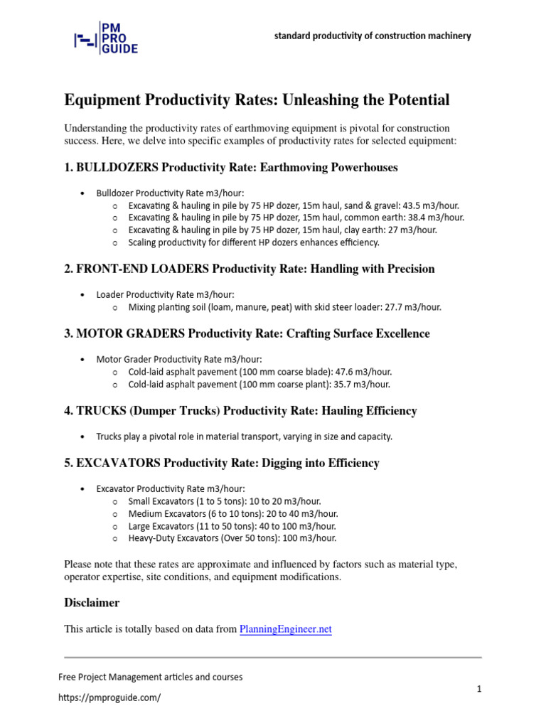 Standard Productivity of Construction Machinery | PDF