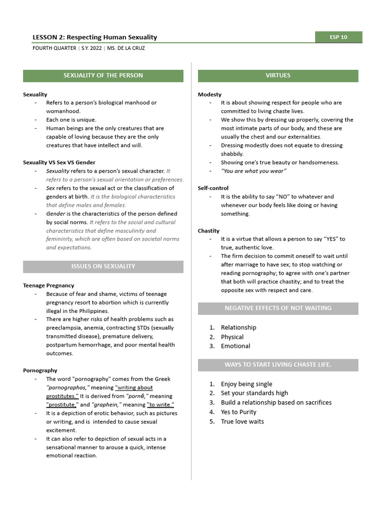 (ESP) LESSON 2 - Respecting Human Sexuality | PDF | Gender | Gender Studies