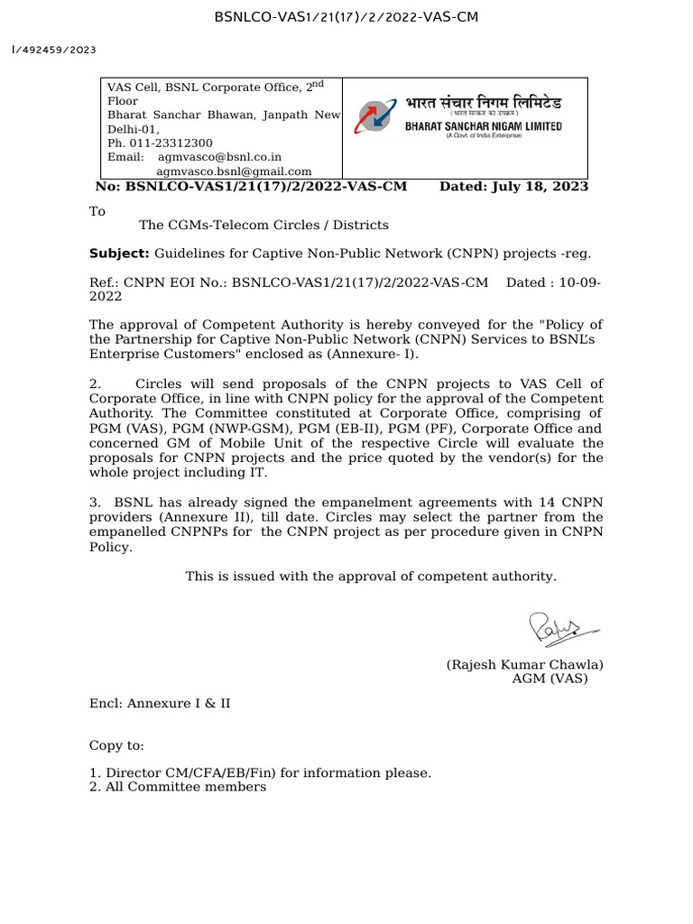 Guidelines For Captive Non-Public Network (CNPN) Projects With Annexures | PDF | Radio Spectrum ...