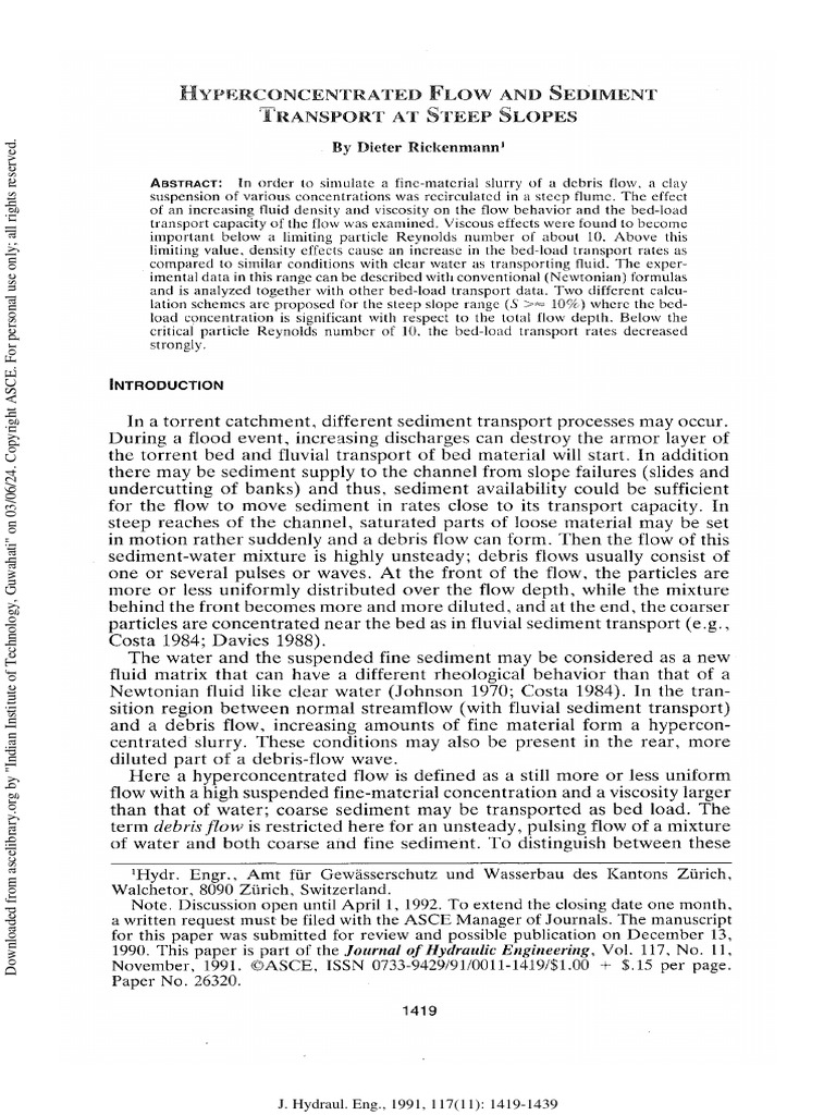 Rickenmann 1991 Hyperconcentrated Flow and Sediment Transport at Steep ...