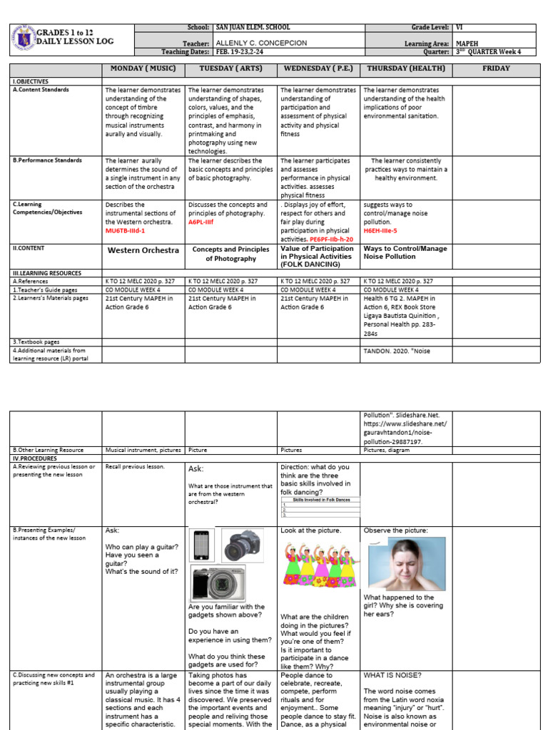 DLL - Mapeh 6 - Q3 - W4 | PDF | Film Speed | Brass Instruments
