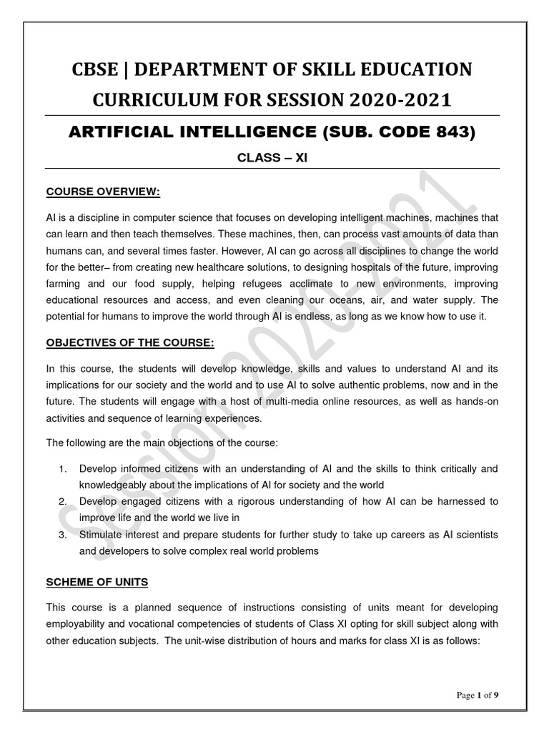 CBSE Class XI AI Curriculum 2020-21 | PDF | Artificial Intelligence ...
