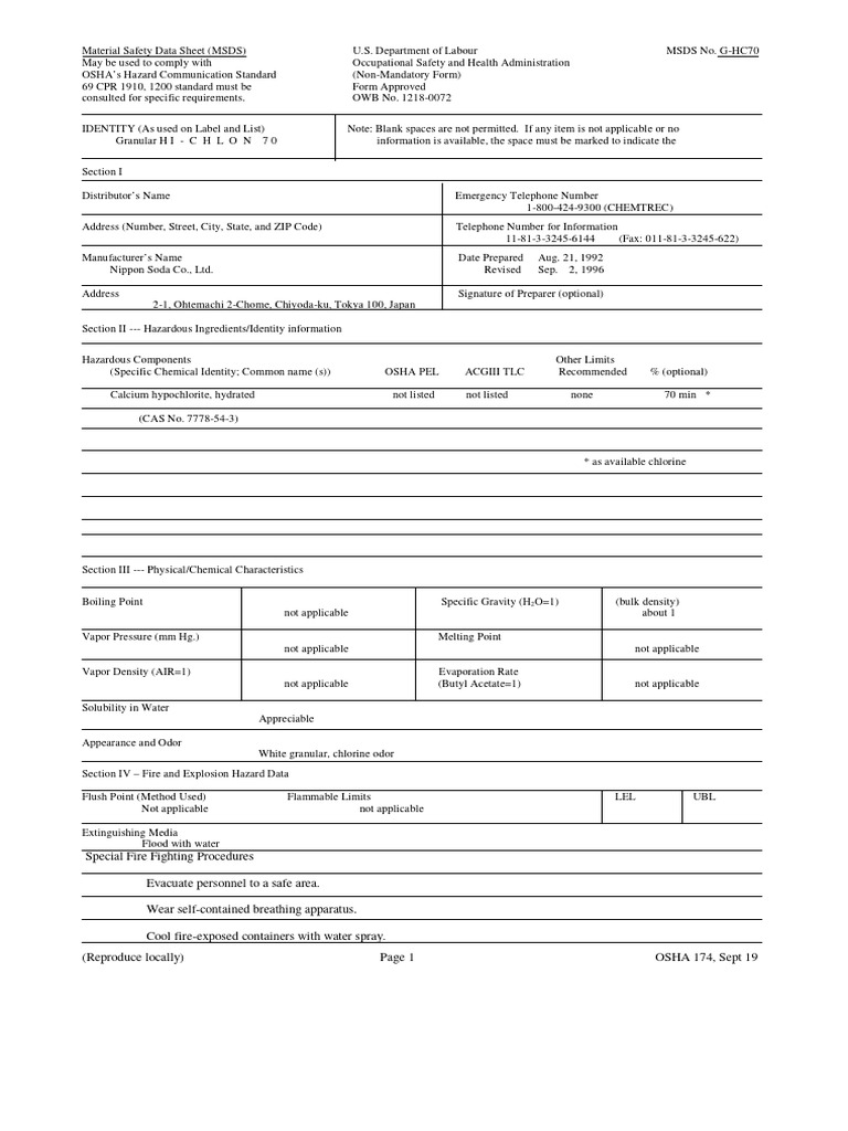 MSDS-Calcium Hypo HI 70 | PDF | Chlorine | Fires
