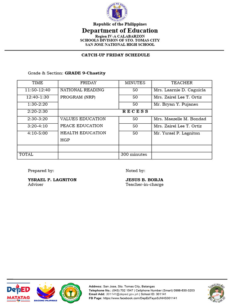 Grade 9 Catch Up Friday Schedule | PDF