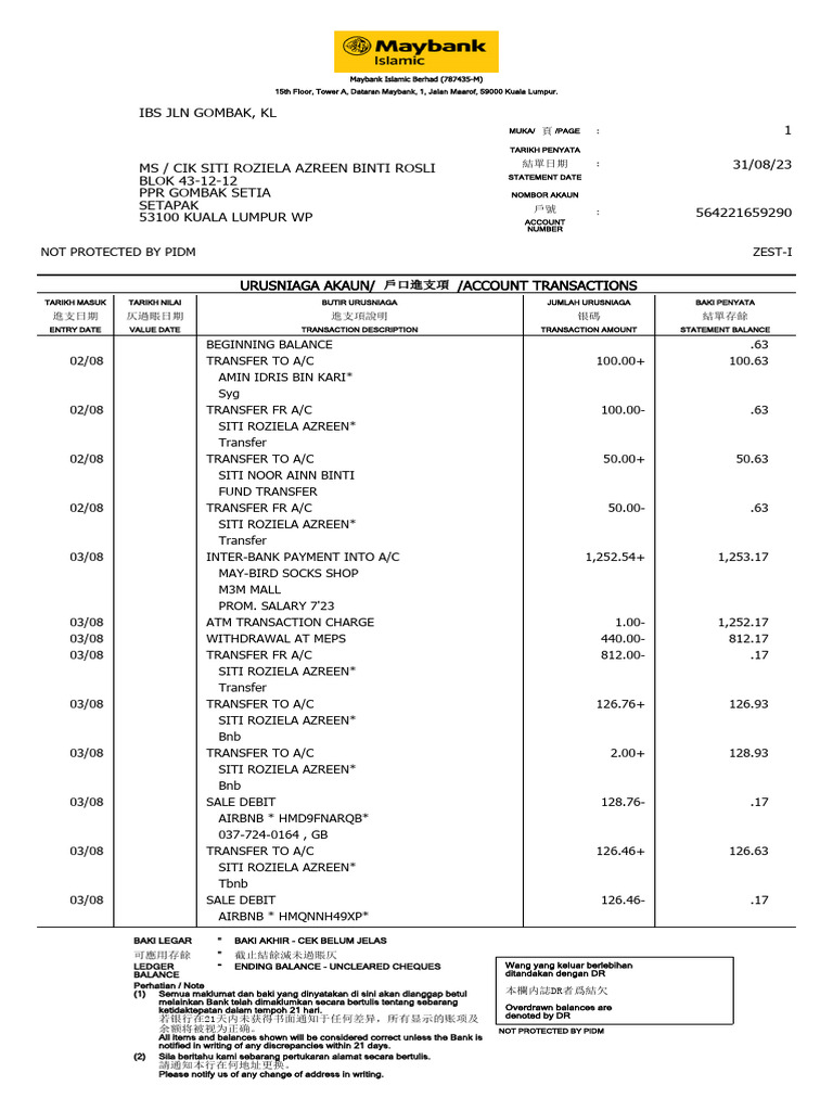 Bank Statements Aug | Download Free PDF | Debits And Credits | Overdraft