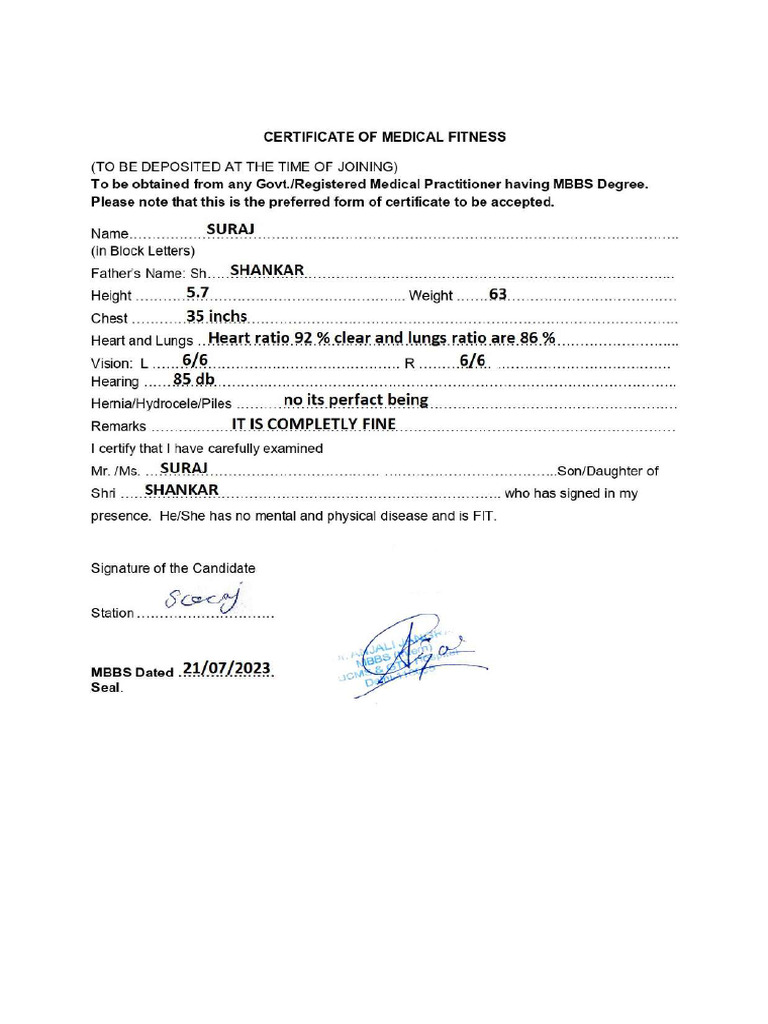 Certificate of Medical Fitness Page 0001 | PDF