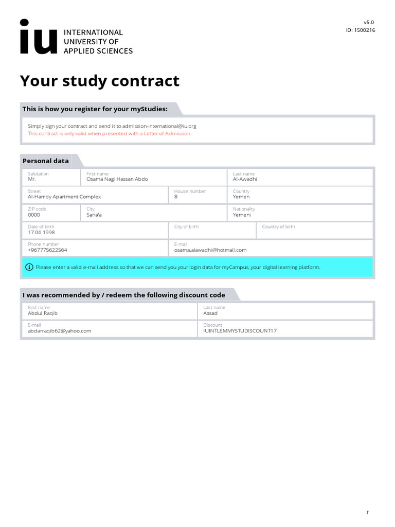 Study Contract for M.Sc. in AI Registration | PDF