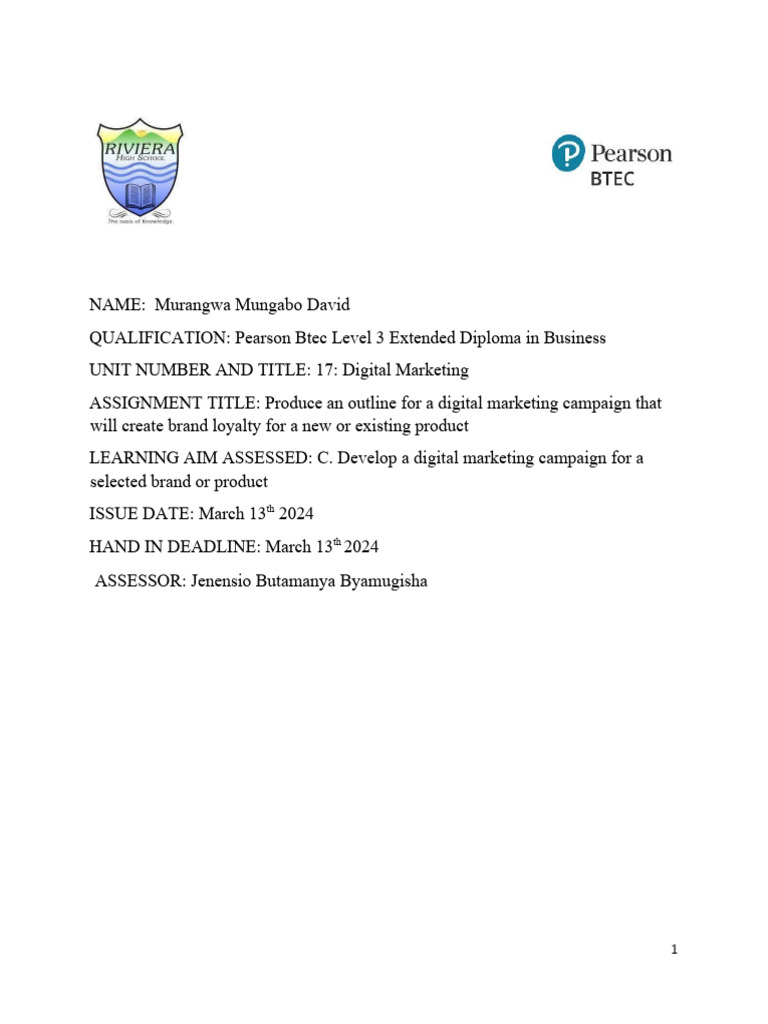 Unit 17 Digital Marketing Assignment Murangwa Mungabo David 2023-2024 | Download Free PDF ...