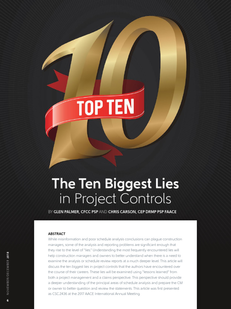 Top 10 Biggest Lies in Project Controls - AACEI CostEngineering 2018 ...