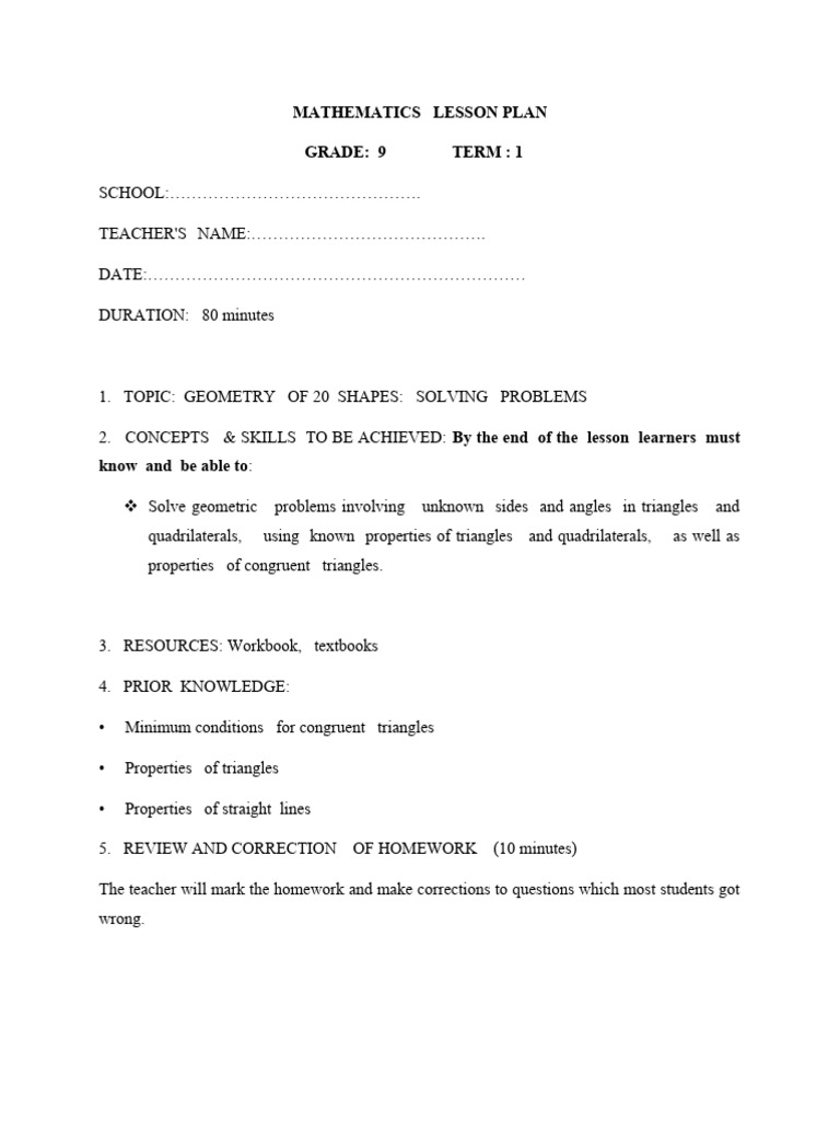 Mathematics Lesson Plan | PDF | Triangle | Elementary Mathematics