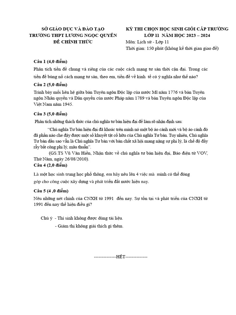 De Thi HSG Lich Su 11 Nam 2023 2024 Truong THPT Luong Ngoc Quyen Thai Nguyen | PDF