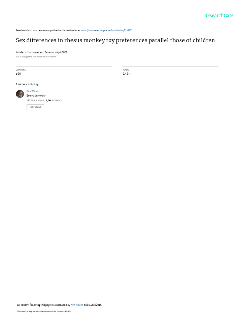 Sex Differences in Rhesus Monkey Toy Preferences P | PDF | Gender ...