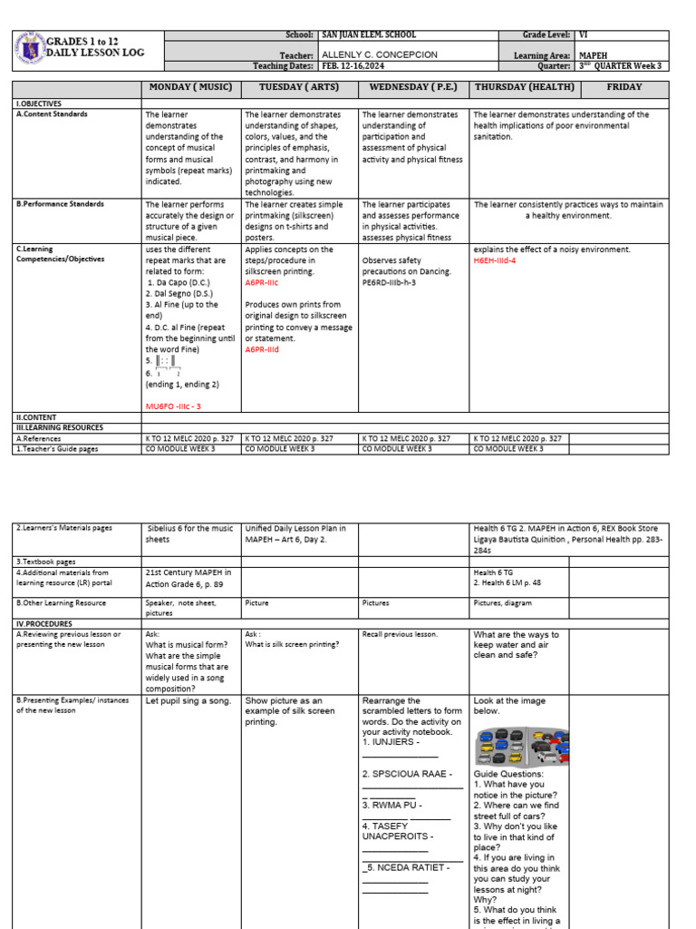 DLL_MAPEH 6_Q3_W3 - EDITED | PDF | Learning | Textiles
