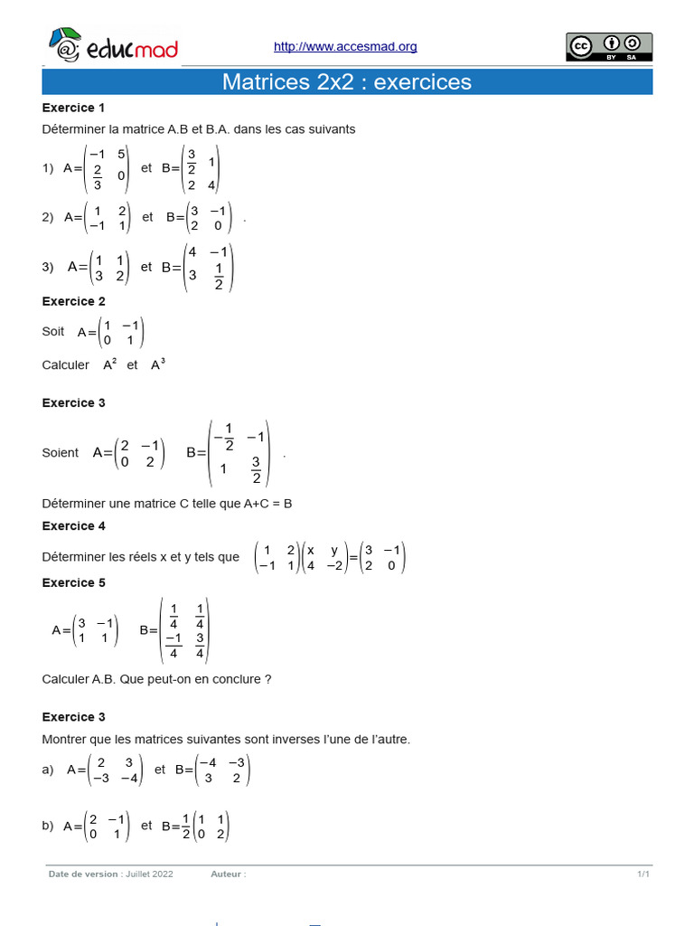 Exercices de Matrices 2x2 et Calculs | PDF
