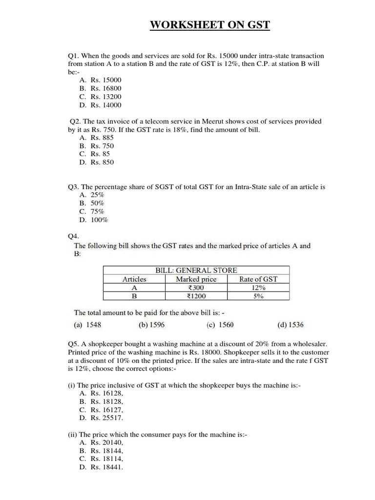 G10 WORKSHEET ON GST - MCQ | PDF