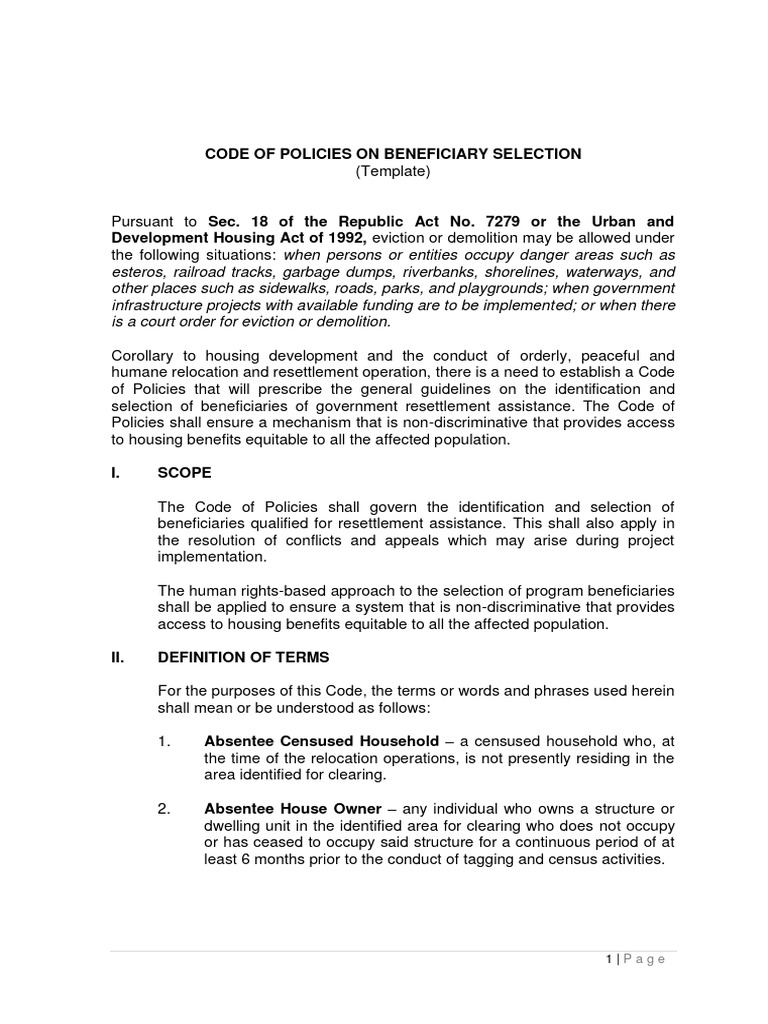 Beneficiary Selection Policy Guidelines | PDF | Squatting | Identity ...