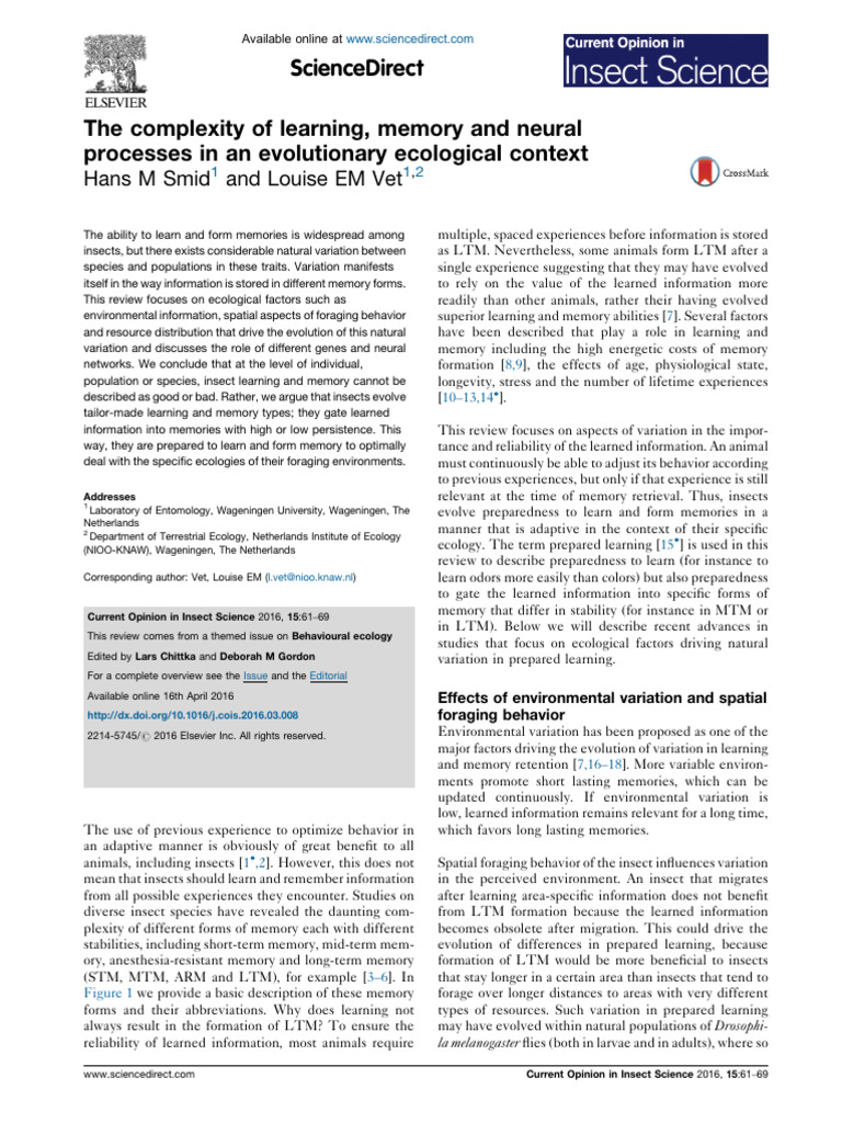 Complexity of Learning, Memory and Neural Processes in Evolution, Smid ...