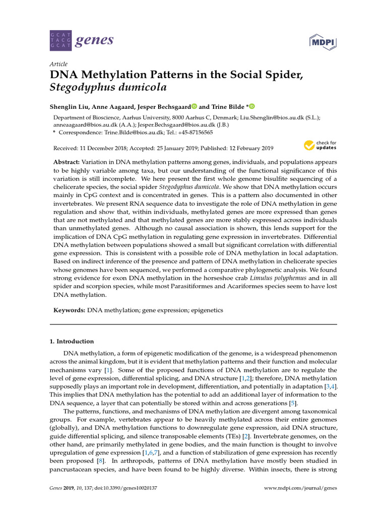 DNA meth in social spiders, Liu et al, 2019 | PDF | Dna Methylation | Gene