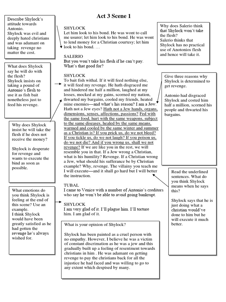 Literature - Act 3 Scene 1. Worksheet 1 | PDF | Shylock