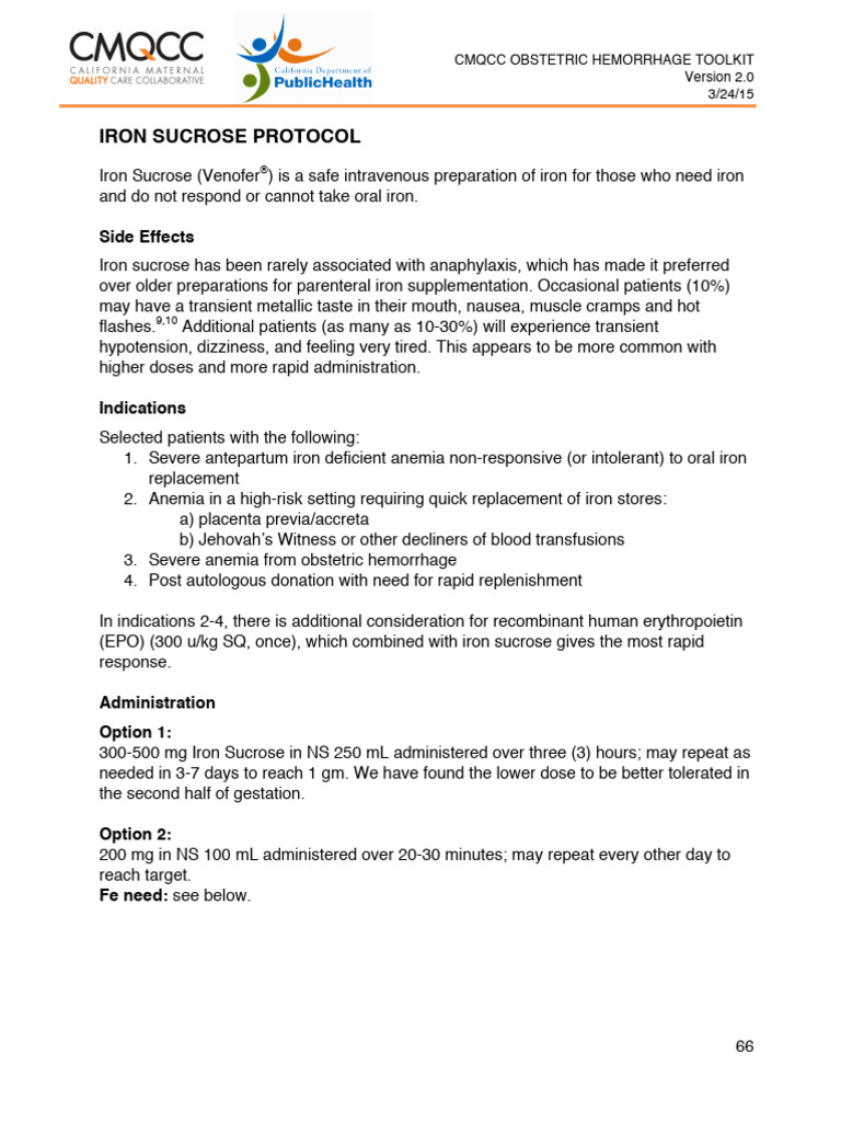 OB Hem Iron Sucrose Protocol | PDF | Anemia | Medical Specialties