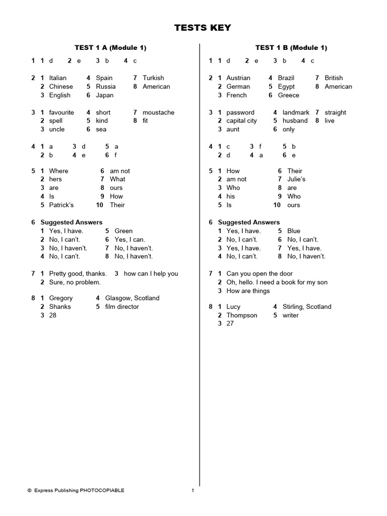 English Tests Answer Key | PDF | Foods