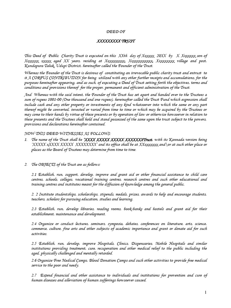Public Charity Trust Deed | PDF | Board Of Directors | Trustee