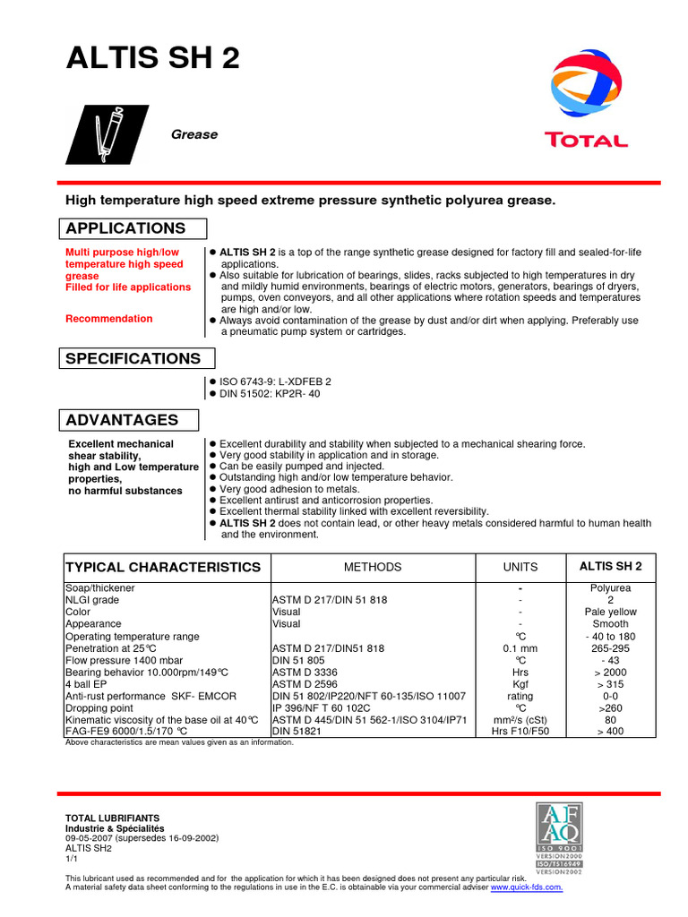 Total Altis SH 2 Grease TDS | PDF | Bearing (Mechanical) | Mechanical ...