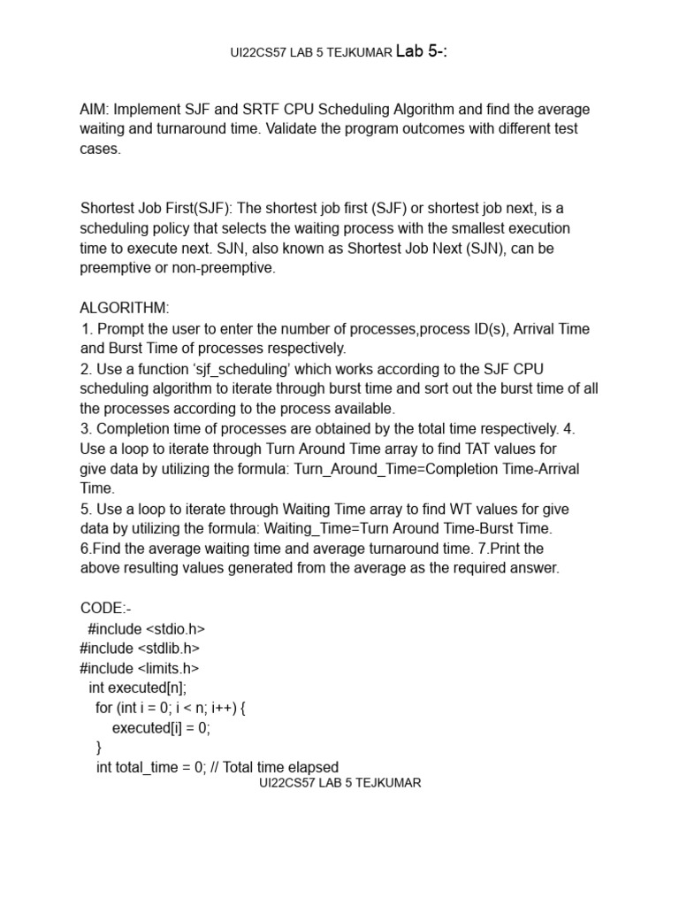 SJF and SRTF CPU Scheduling Lab | PDF | Scheduling (Computing ...