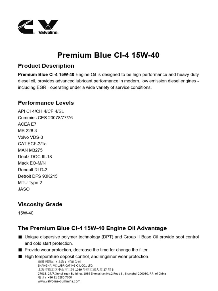 Premium Blue CI-4 15W-40 (2024version) | PDF | Motor Oil | Mechanical ...