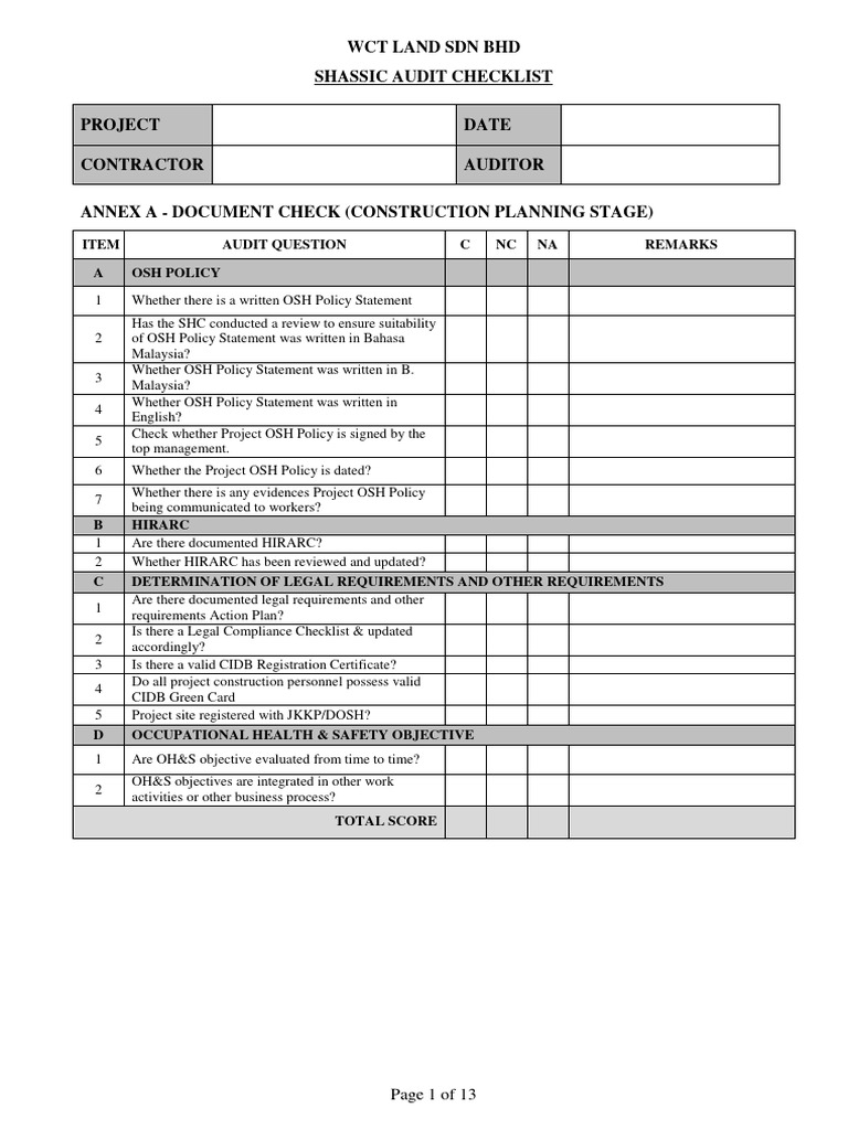 SHASSIC Audit Checklist - (OHS MS) - Revised - 2022-Done | PDF | Occupational Safety And Health ...