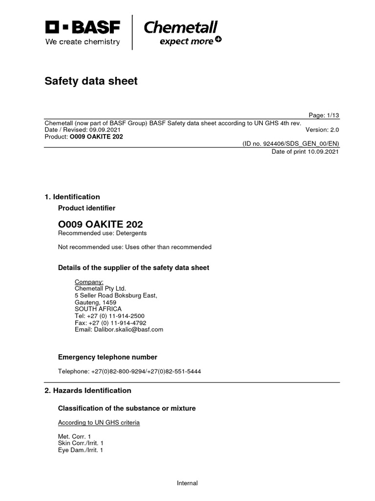 SDS Oakite 202 - 09.09.2021 | PDF | Dangerous Goods | Safety