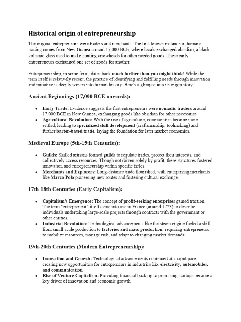 Historical Origin of Entrepreneurship | PDF | Entrepreneurship | Innovation