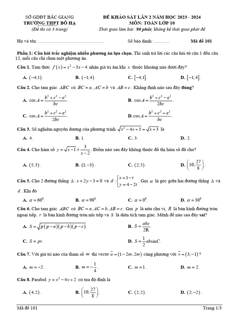 De Khao Sat Lan 2 Toan 10 Nam 2023 2024 Truong Thpt Bo Ha Bac Giang | PDF