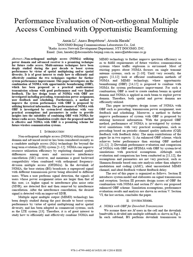 Performance Evaluation of Non-Orthogonal Multiple Access Combined With Opportunistic Beamforming ...