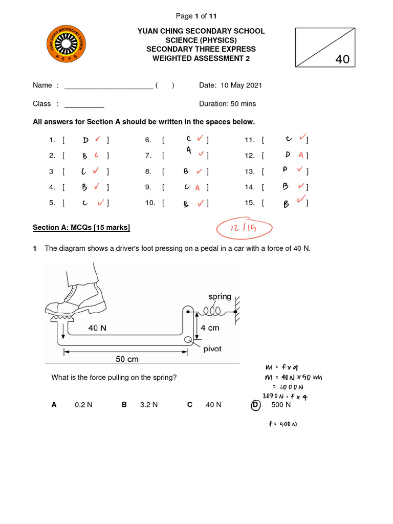 2021 WA2 Science (Physics) 3E Modified | PDF | Force | Mass